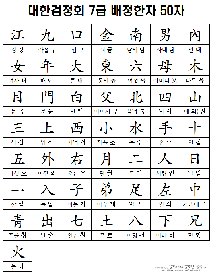 대한검정회 7급 배정한자 한자쓰기, 뜻음쓰기 연습 엑셀파일 다운로드 : 네이버 블로그